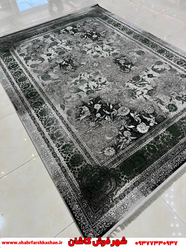 فرش طوسی سبز مدرن 1200 شانه طرح لنین | فرش کاشان