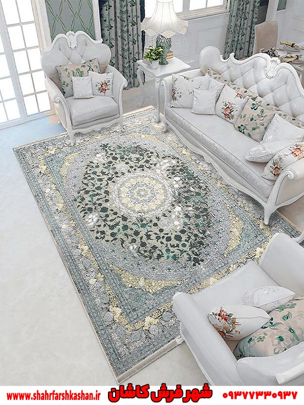 فرش سبز مدرن 1200 شانه طرح کلاسیک ترمه ای | شهر فرش کاشان