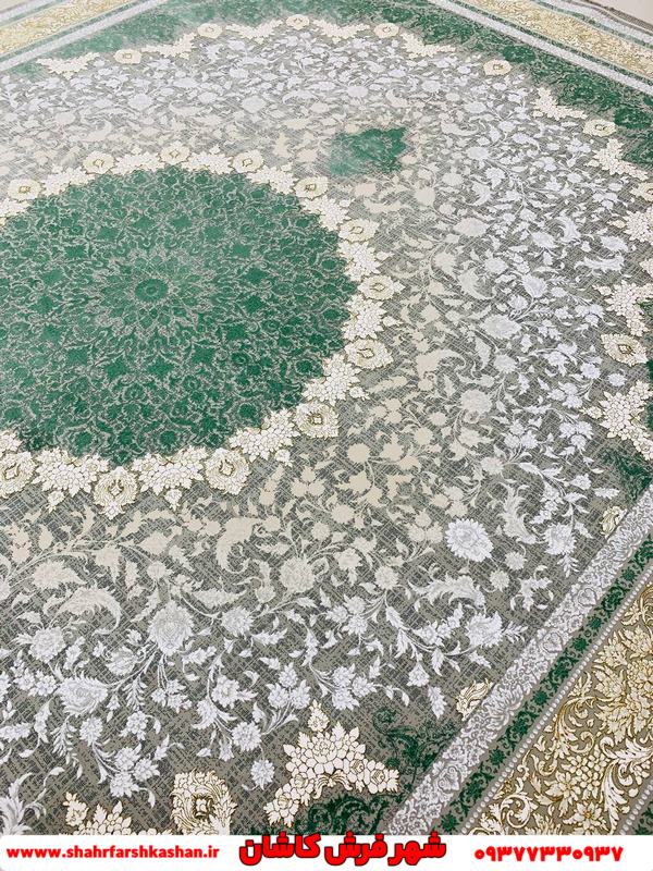 فرش سبز مدرن 1200 شانه طرح کلاسیک ترمه ای | فرش کاشان