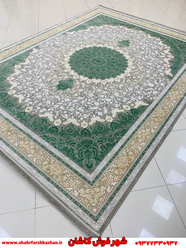 فرش سبز مدرن 1200 شانه طرح کلاسیک ترمه ای | فرش کاشان