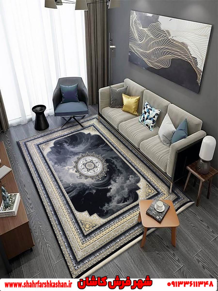 فرش طرح ابر و بادی 1200 شانه آریا سرمه ای | فرش کاشان